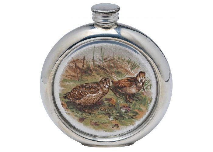 Flasque ronde étain décorée bécasse et sanglier| Armurerie Beau Repaire